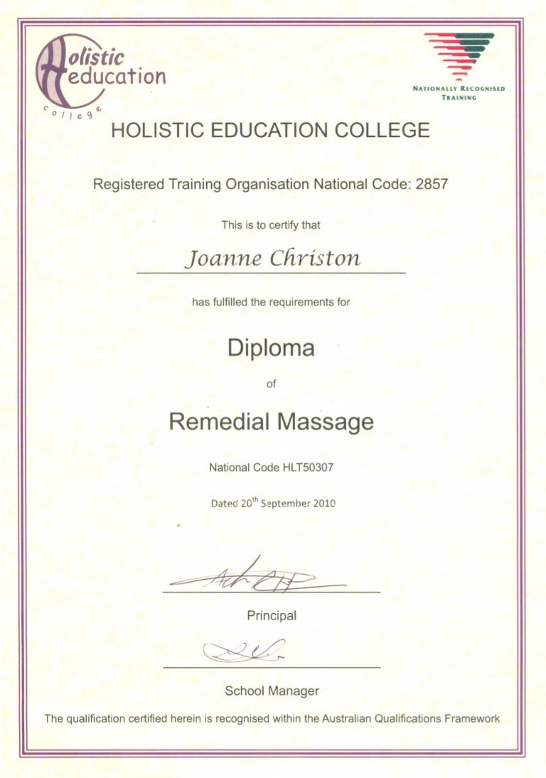 Diploma Remedial Massage Certificates