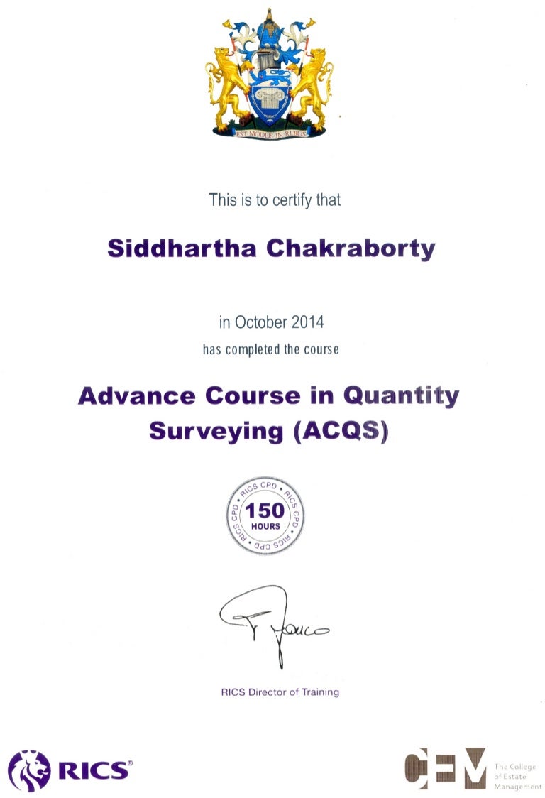 Certificate Rics Advanced Course In Quantity Survey