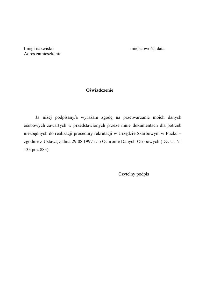 Oswiadczenie o wyrazeniu zgody wzór