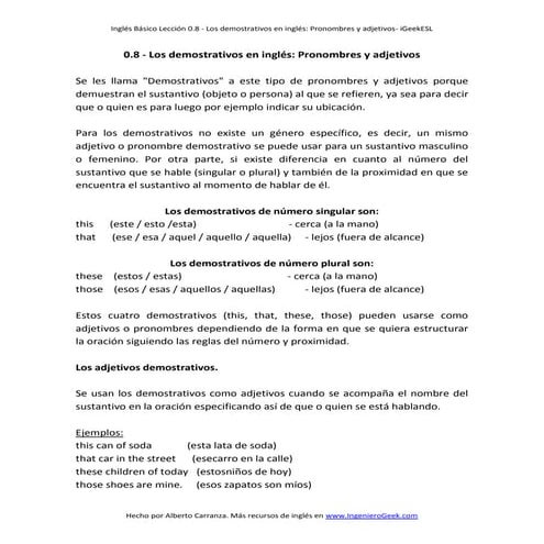 Demostrativos En Ingles Demonstratives Adjetives Los Adjetivos