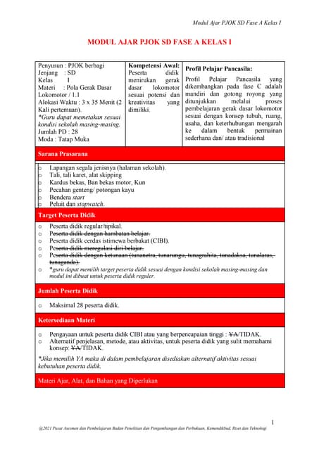 MODUL AJAR PJOK FASE A KELAS 1 KURIKULUM MERDEKA | DOCX