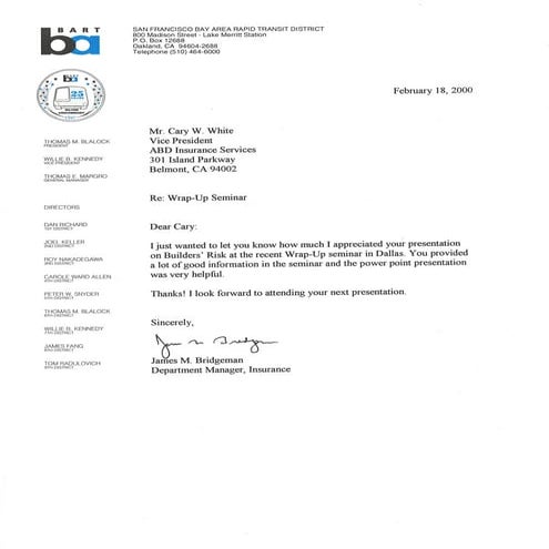 Builders Risk Seminar - BART/Bridgeman Appreciation Letter - 02/18/00 | PDF
