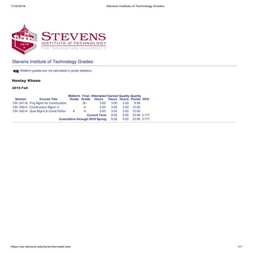 Stevens Institute of Technology Grades fall 2015 | PDF