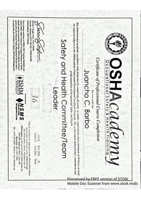 OSHA CERTIFICATE 3 | PDF