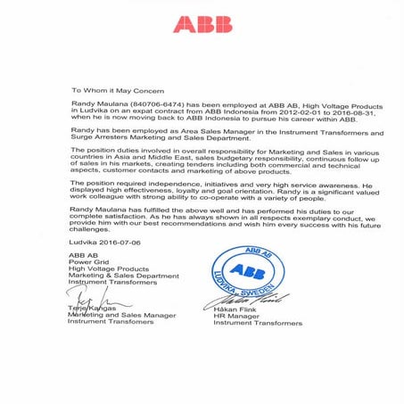 Reference Letter ABB Sweden | PDF