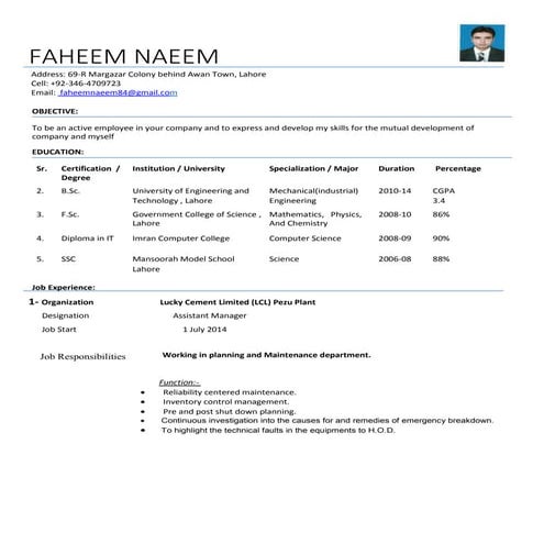 Faheem Naeem Planning dept cv | PDF | Business | Business and Finance