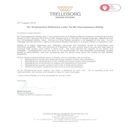 Trelleborg Marine Systems Australia - Reference Letter | PDF