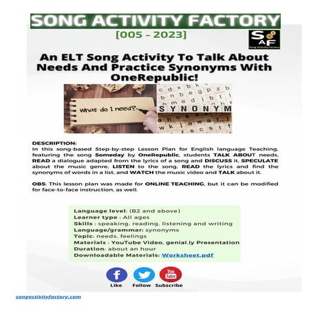 An ELT Song Activity To Talk About Needs And Practice Synonyms With ...
