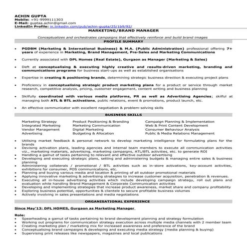 ACHIN GUPTA- RESUME MARKETING | PDF