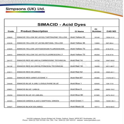 Simpsons Product List Dye and Pigments | PDF