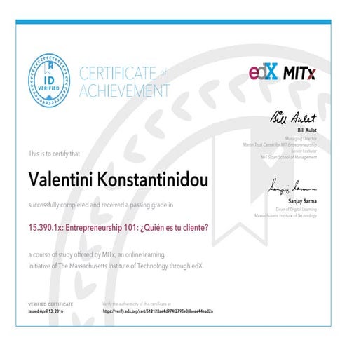 MIT Entrepreneurship 101 Certificate | PDF