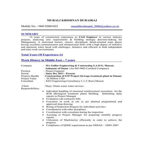 MURALI CV-LATEST-10-04-13 | DOC | Civil Engineering Industry | Industries