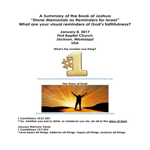 01-08-17, Joshua 1-24, Stone Memorials As Reminders For Israel | PDF