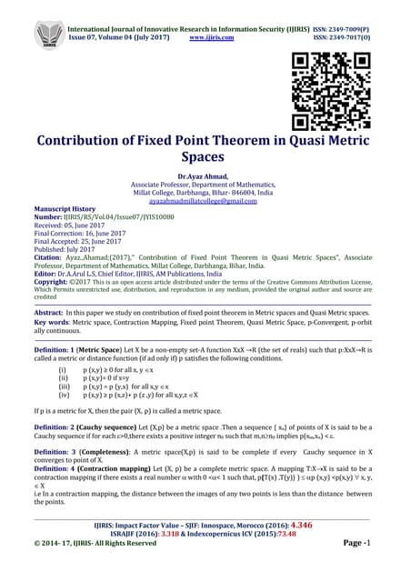 Contribution Of Fixed Point Theorem In Quasi Metric Spaces Pdf