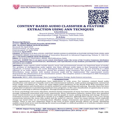 Content Based Audio Classifier And Feature Extraction Using Ann Tecniques Pdf
