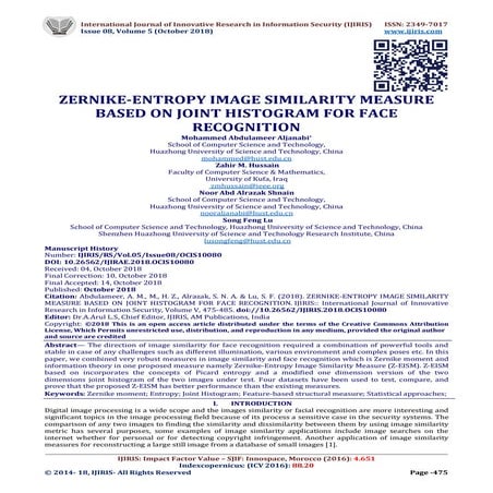 ZERNIKE-ENTROPY IMAGE SIMILARITY MEASURE BASED ON JOINT HISTOGRAM FOR FACE RECOGNITION | PDF