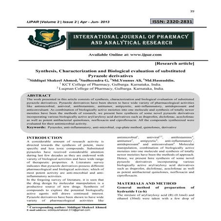 Synthesis, Characterization and Biological evaluation of substituted Pyrazole derivatives | PDF