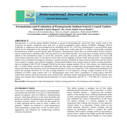 Formulation And Evaluation Of Pantoprazole Sodium Enteric Coated Tablets Pdf