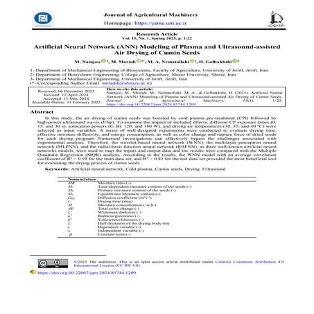 Artificial Neural Network (ANN) Modeling of Plasma and Ultrasound-assisted Air Drying of Cumin ...