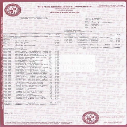 Thomas Edison State University Transcript | PDF