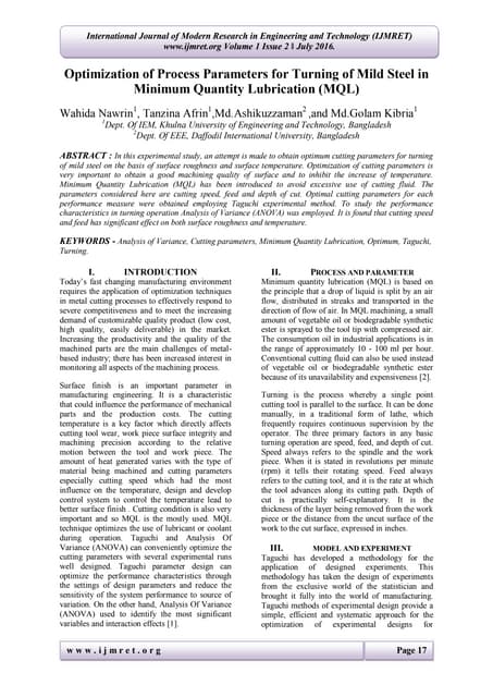 INFLUENCE OF PROCESS PARAMETERS ON SURFACE ROUGHNESS AND MATERIAL REMOVAL RATE DURING TURNING IN ...