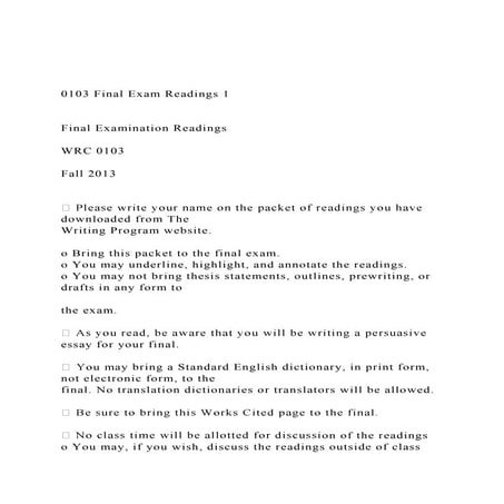 0103 Final Exam Readings 1 Final Examination Readings .docx