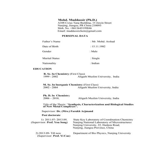 Muddassir CV New | PDF | Chemistry | Science