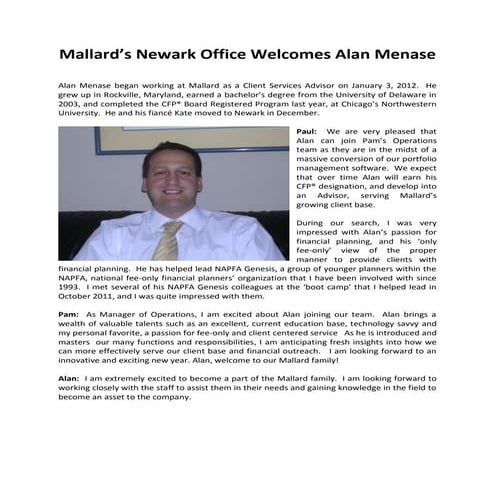 01.12.12 Newsletter Insert Welcome Alan | PDF