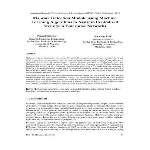 Malware Detection Module Using Machine Learning Algorithms To Assist In Centralized Security In
