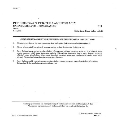 011 bahasa melayu pemahaman bahagian a | PDF