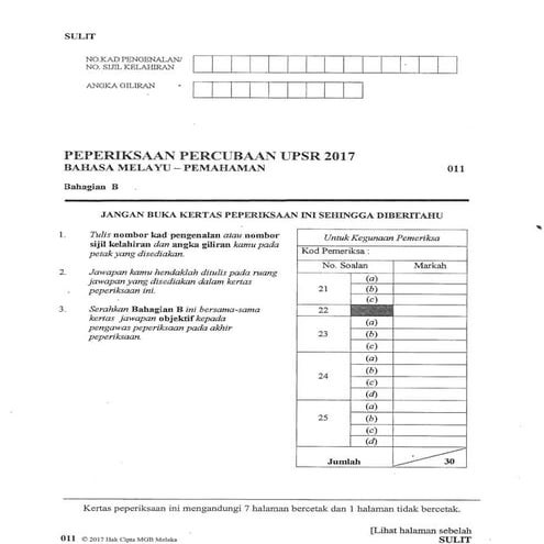TRIAL UPSR MELAKA - 011 BM PEMAHAMAN (B) | PDF