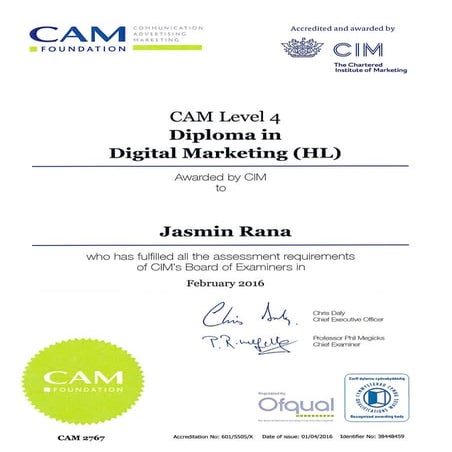 CAM Certificate 2016 | PDF