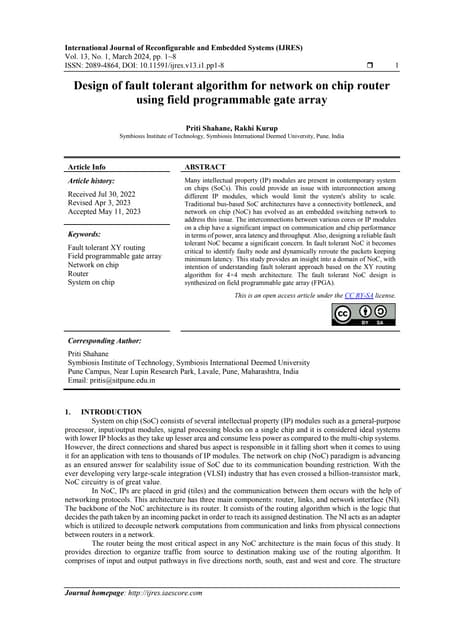 Design Of Fault Tolerant Algorithm For Network On Chip Router Using Field Programmable Gate 0842