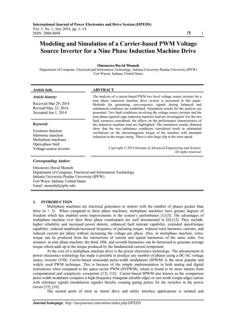 Modeling And Simulation Of A Carrier Based Pwm Voltage Source Inverter For A Nine Phase