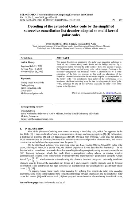 Decoding Of The Extended Golay Code By The Simplified Successive Cancellation List Decoder 7946