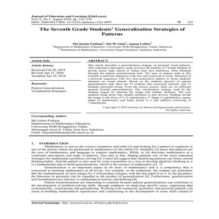 The Seventh Grade Students’ Generalization Strategies of Patterns | PDF