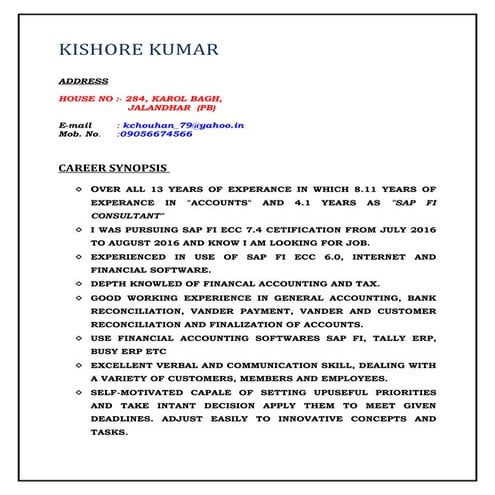 Kishore Resume 1 (1) | DOC | Credit Cards | Personal Debt