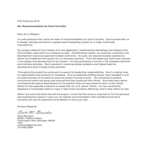 Recommendation Letter Sunil Carvalho by FORD | PDF