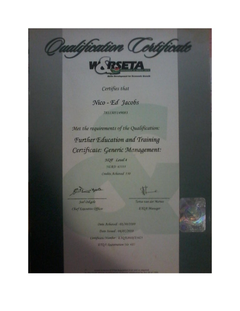 Certificate - Generic Management - NQF Level 4