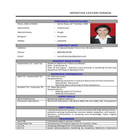 MONITHA LESTARI SINAGA CV | DOCX