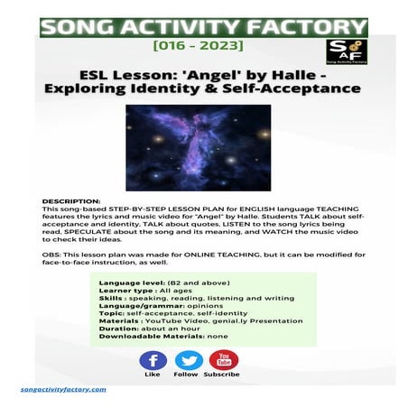 ESL Lesson: 'Angel' by Halle - Exploring Identity & Self-Acceptance | PDF