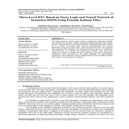 Three Level Dtc Based On Fuzzy Logic And Neural Network Of Sensorless Dssm Using Extende Kalman 