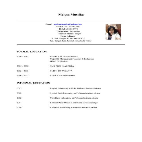 CV & Application Letter Melysa | PDF