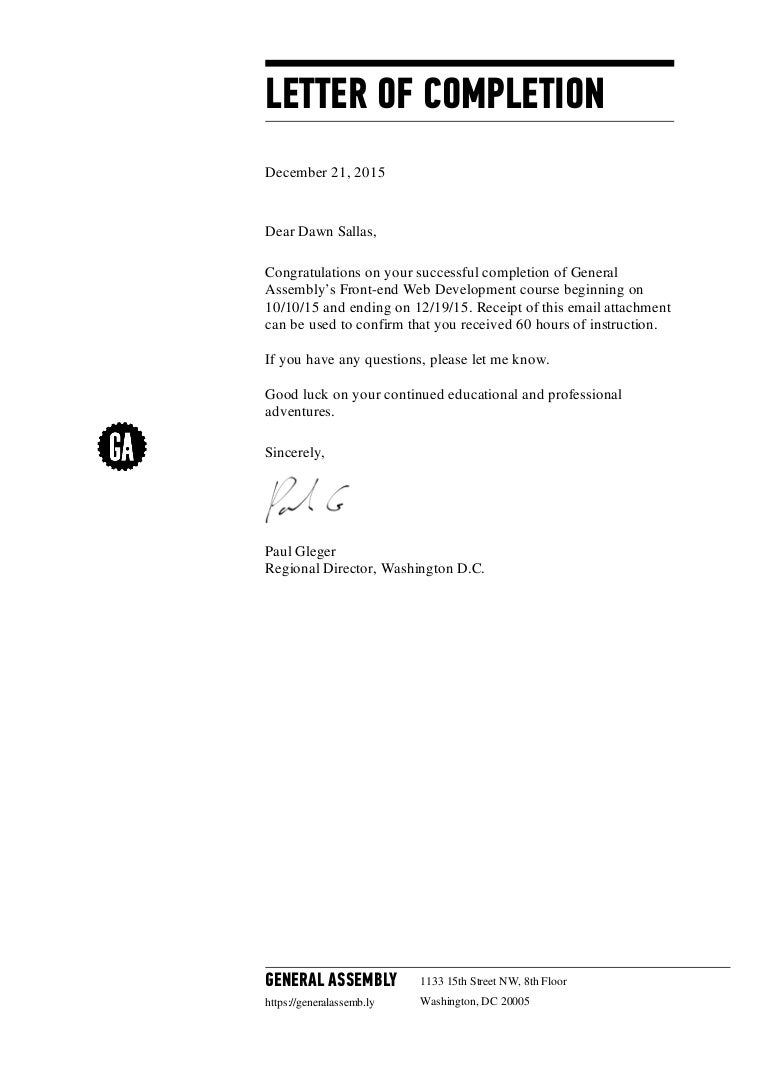 Example Of Work Completion Letter