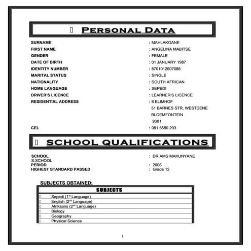 ANGELINA MAHLAKOANE CV | PDF