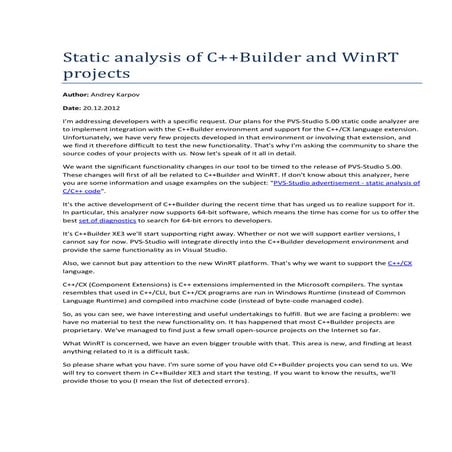 Static analysis of C++Builder and WinRT projects | PDF