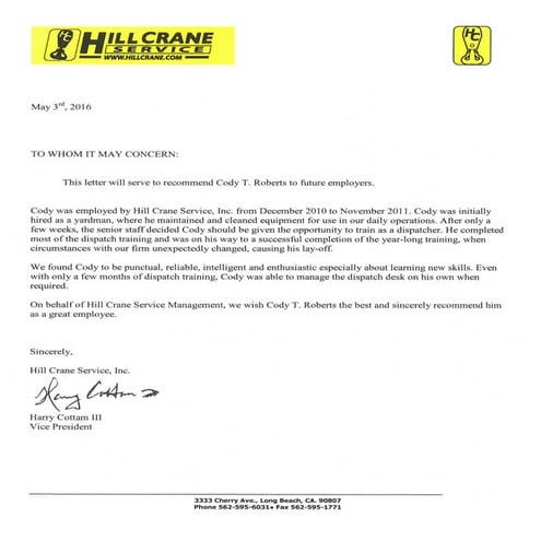 Hll Crane - Letter of Reference | PDF