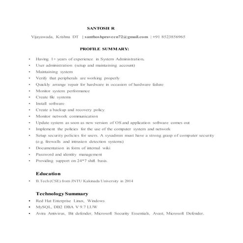 SANTOSH RESUME | DOCX | IT and Internet Support | Internet