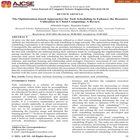 The Optimization Based Approaches For Task Scheduling To Enhance The