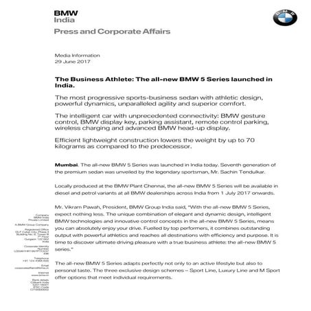 New BMW 5 Series India launch - Press Release | PDF